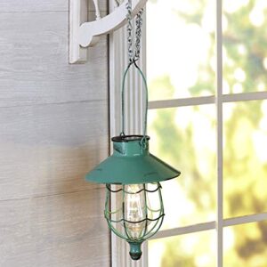 Distressed Porch Lantern - Solar-Powered Light with Vintage-Style Cage - Green