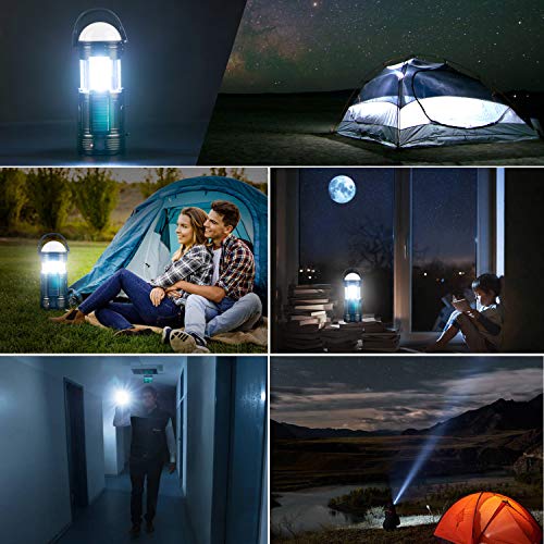 TANSOREN 4 Pack Black 5 in 1 Solar USB Rechargeable 3 AAA Power Brightest COB LED Camping Lantern with S Charging for Device, Waterproof Collapsible Emergency Flashlight LED Light