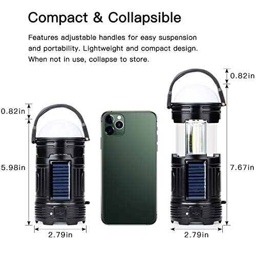 TANSOREN 4 Pack Black 5 in 1 Solar USB Rechargeable 3 AAA Power Brightest COB LED Camping Lantern with S Charging for Device, Waterproof Collapsible Emergency Flashlight LED Light