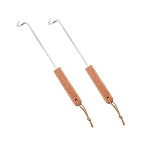 LQLMCOS 2Pcs Food Flipper Turner Hooks Stainless Steel BBQ Meat Hooks Cooking Barbecue Turners Hooks Grill Accessories with Wooden Handle for Grilling & Smoking (2 * 12.5 in)