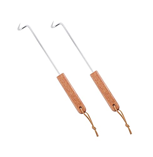 LQLMCOS 2Pcs Food Flipper Turner Hooks Stainless Steel BBQ Meat Hooks Cooking Barbecue Turners Hooks Grill Accessories with Wooden Handle for Grilling & Smoking (2 * 12.5 in)