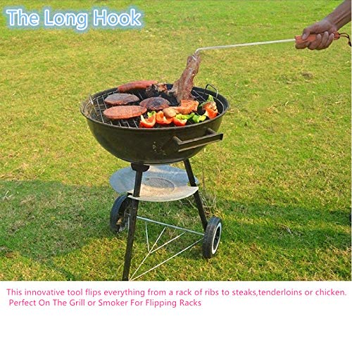 LQLMCOS 2Pcs Food Flipper Turner Hooks Stainless Steel BBQ Meat Hooks Cooking Barbecue Turners Hooks Grill Accessories with Wooden Handle for Grilling & Smoking (2 * 12.5 in)