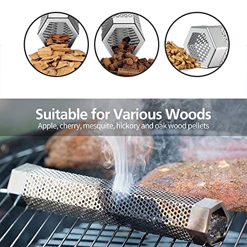 Pellet Smoker Tube Set, 6" & 12" Stainless Steel BBQ Wood Smoker Tube with Brush and 2 Hooks for 2.5hrs/5hrs of Billowing Cold/Hot Smoking for All Grills or Smokers, Smoking Cheese Beef Nuts Fish