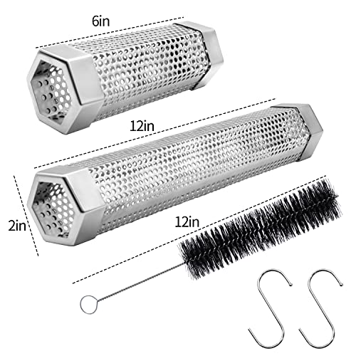 Pellet Smoker Tube Set, 6" & 12" Stainless Steel BBQ Wood Smoker Tube with Brush and 2 Hooks for 2.5hrs/5hrs of Billowing Cold/Hot Smoking for All Grills or Smokers, Smoking Cheese Beef Nuts Fish