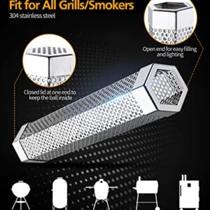 Pellet Smoker Tube Set, 6" & 12" Stainless Steel BBQ Wood Smoker Tube with Brush and 2 Hooks for 2.5hrs/5hrs of Billowing Cold/Hot Smoking for All Grills or Smokers, Smoking Cheese Beef Nuts Fish