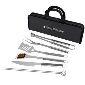 home-complete bbq grill tool set- stainless steel barbecue grilling accessories with 7 utensils and carrying case, includes spatula, tongs, knife