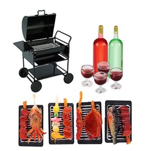 11pcs dollhouse bbq set,1:12 dollhouse bbq grill ovens and food drinks set,mini cooking tool roasting cart firewood rack holder kitchen accessories for garden decoration