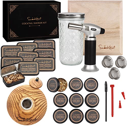 Smoketail Cocktail Smoker Kit with Torch, Topper, 9 Flavors and 18 Large and Small Wood Chips - Whiskey Smoker Kit, Old Fashioned Smoker Kit, Bourbon Smoker Kit, Drink Smoker (No Butane)