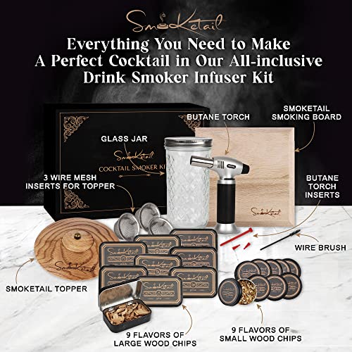 Smoketail Cocktail Smoker Kit with Torch, Topper, 9 Flavors and 18 Large and Small Wood Chips - Whiskey Smoker Kit, Old Fashioned Smoker Kit, Bourbon Smoker Kit, Drink Smoker (No Butane)