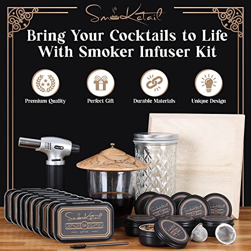 Smoketail Cocktail Smoker Kit with Torch, Topper, 9 Flavors and 18 Large and Small Wood Chips - Whiskey Smoker Kit, Old Fashioned Smoker Kit, Bourbon Smoker Kit, Drink Smoker (No Butane)