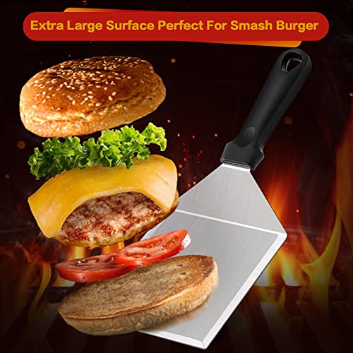 Leonyo Hamburger Spatula Set of 2, Metal Spatula 6 x 5 Inch Wide Spatula Heavy Duty Large Grill Burger Turner with S Hook, Griddle Accessories for Outdoor BBQ Flat Top Grilling, Skillets & Grills