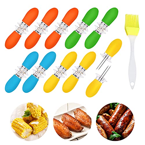 AUGSUN 20Pcs/10 Pairs Stainless Steel Corn Cob Holders BBQ Forks Skewers Corn on The Cob with 1 Oil Brush for Home Cooking Parties Camping