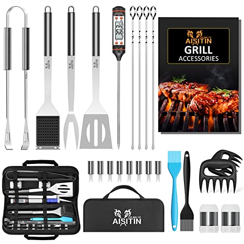 AISITIN Grill Accessories 25PCS BBQ Tools Set Stainless Steel Grilling Kit with Thermometer, Fork, Tongs and Spatula, Grill Mat - Gifts for Dad Durable, Stainless Steel Grill Tools