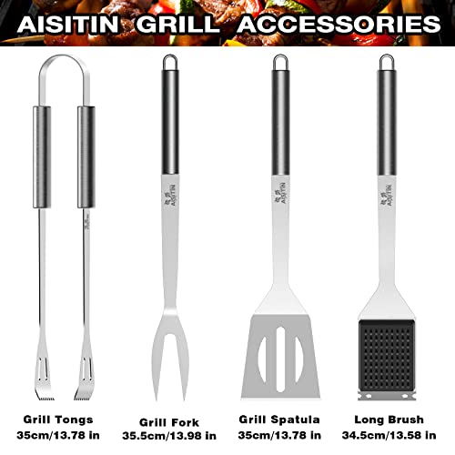 AISITIN Grill Accessories 25PCS BBQ Tools Set Stainless Steel Grilling Kit with Thermometer, Fork, Tongs and Spatula, Grill Mat - Gifts for Dad Durable, Stainless Steel Grill Tools