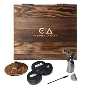 cocktail smoker kit with torch and wood chips for whiskey and bourbon (butane not included) - charred artisan smoke lid, an old fashioned drink smoker kit and whiskey smoker infuser kit (oak)