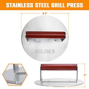 HULISEN Stainless Steel Bacon Press, 8.5-Inch Round Heavy-Duty Grill Press with Wood Handle, Non Stick Large Burger Press, Griddle BBQ Accessories for Steak Weight, Panini Sandwich