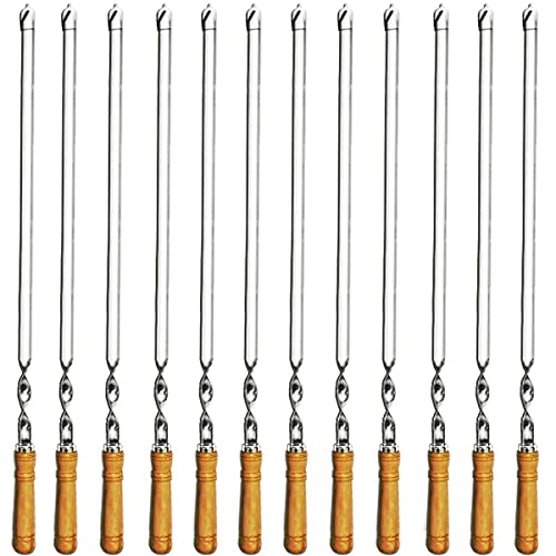 Amestar 12 Pack Kabob Skewers BBQ Barbecue Skewers Stainless Steel Sticks 22 Inch Heavy Duty Large Wide Reusable with Nonslip Wooden Handle Ideal for Shish Kebab Chicken Shrimp and Vegetables