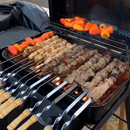 Amestar 12 Pack Kabob Skewers BBQ Barbecue Skewers Stainless Steel Sticks 22 Inch Heavy Duty Large Wide Reusable with Nonslip Wooden Handle Ideal for Shish Kebab Chicken Shrimp and Vegetables