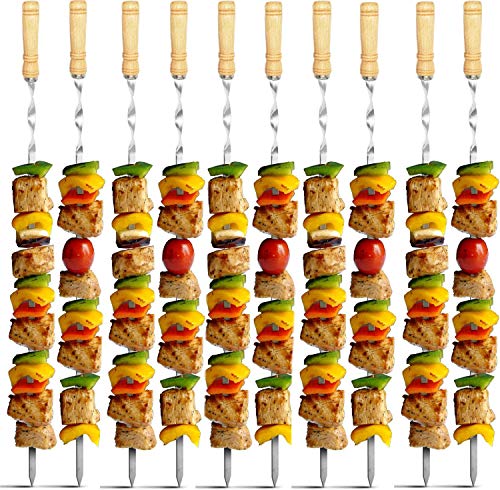 Amestar 12 Pack Kabob Skewers BBQ Barbecue Skewers Stainless Steel Sticks 22 Inch Heavy Duty Large Wide Reusable with Nonslip Wooden Handle Ideal for Shish Kebab Chicken Shrimp and Vegetables