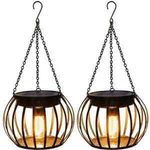 sunklly hanging solar lanterns, retro metal outdoor waterproof wireless hanging solar lights with tungsten light bulb halloween christmas decoration for garden yard patio pathway(2 pcs)