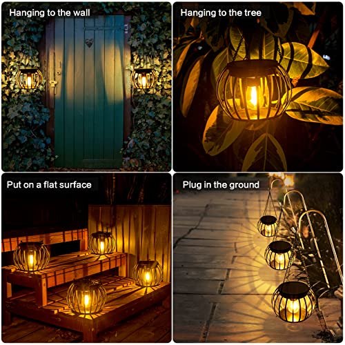 Sunklly Hanging Solar Lanterns, Retro Metal Outdoor Waterproof Wireless Hanging Solar Lights with Tungsten Light Bulb Halloween Christmas Decoration for Garden Yard Patio Pathway(2 Pcs)