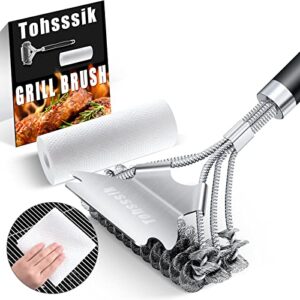 tohsssik grill brush for outdoor grill, 17'' wire bbq brush for grill cleaning, disposable cleaning clothes included, grill cleaning kit for grates & bbq dishes