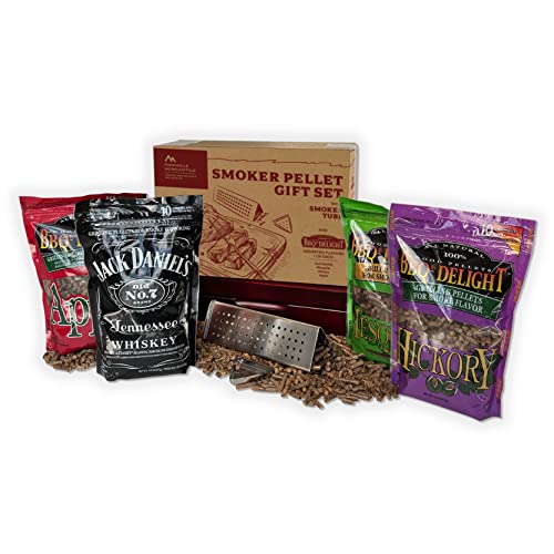 Pinnacle Mercantile Smoker Pellet Gift Set with BBQr’s Delight Wood Pellets and 8” Steel Smoker Tube includes 1lb Bag Each Jack Daniel's, Apple, Mesquite, Hickory and Smoker Box Accessory