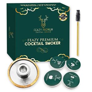 feazy premium cocktail smoker kit - stainless steel cocktail smoker infuser, old fashioned smoker kit for bourbon,whiskey, beer & wine drink - 4 pack of cherry, apple, hickory & oak wood chips - bourbon smoker kit, drink smoker, stainless steel smoker kit