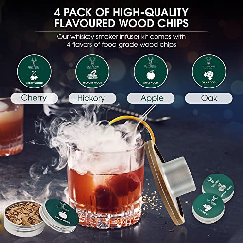 Feazy premium cocktail smoker kit - Stainless Steel Cocktail Smoker Infuser, Old Fashioned Smoker Kit for Bourbon,Whiskey, Beer & Wine Drink - 4 Pack of Cherry, Apple, Hickory & Oak Wood Chips - bourbon smoker kit, Drink Smoker, Stainless Steel Smoker Kit