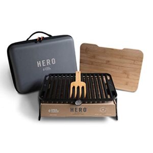 fire & flavor hero grill system - ultra-portable grill for camping, tailgating, and bbq on the go - tabletop charcoal grill set comes with spatula, thermometer, and cutting board