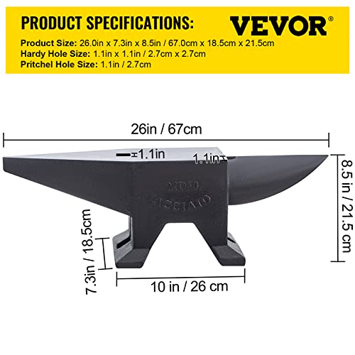 VEVOR Cast Iron Anvil, 132 Lbs(60kg) Single Horn Anvil with Large Countertop and Stable Base, High Hardness Rugged Round Horn Anvil Blacksmith, for Bending, Shaping