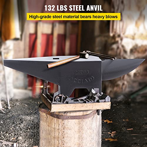 VEVOR Cast Iron Anvil, 132 Lbs(60kg) Single Horn Anvil with Large Countertop and Stable Base, High Hardness Rugged Round Horn Anvil Blacksmith, for Bending, Shaping