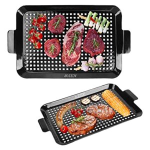 2pcs grill topper pans bbq acetop nonstick barbecue grilling baskets outdoor stainless steel bbq grill tray with perforated bottom for indoor camping chicken drumsticks vegetable shrimp meat