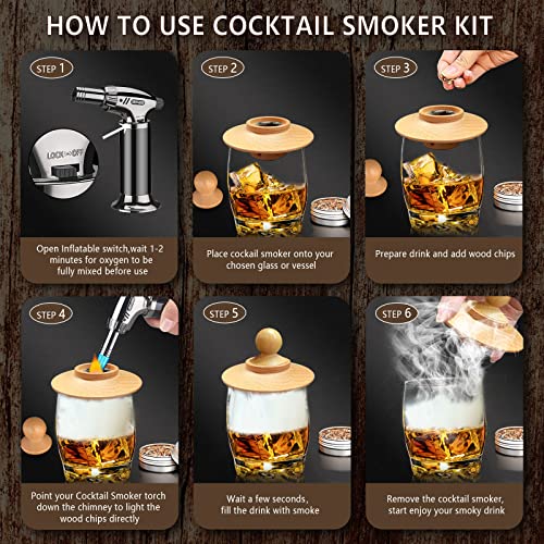 Old Fashioned Cocktails Smoker Kit with Torch,6 Flavors Wood Chips for Cocktail Whiskey Bourbon Smoker Tools,Drink Smokiness Bar Accessories Set,Gifts for Whiskey Lovers,Dad,Husband,Men