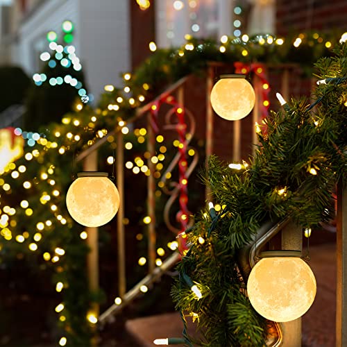 Balkwan 4 Packs 3.5 inches Solar Moon lamp Garden Decor Waterproof Outdoor Lanterns with LED Garden Solar Lights Patio Hanging Lights Christmas Decorations for Backyard Fence Pathway, Warm White