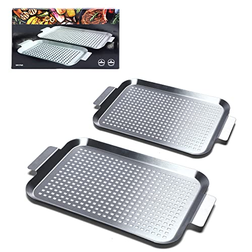 COOK TIME Grill Pan Set of 2, BBQ Grill Topper for Outdoor Grill, Stainless Steel Grilling Baskets with Holes and Handles, Perforated Food Tray Barbecue Accessories for Vegetable, Fish, Meat, Seafood