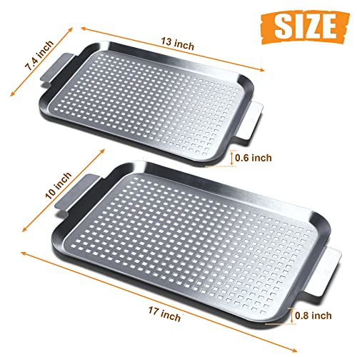 COOK TIME Grill Pan Set of 2, BBQ Grill Topper for Outdoor Grill, Stainless Steel Grilling Baskets with Holes and Handles, Perforated Food Tray Barbecue Accessories for Vegetable, Fish, Meat, Seafood