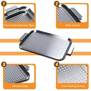 COOK TIME Grill Pan Set of 2, BBQ Grill Topper for Outdoor Grill, Stainless Steel Grilling Baskets with Holes and Handles, Perforated Food Tray Barbecue Accessories for Vegetable, Fish, Meat, Seafood