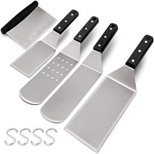 hasteel metal spatula set of 5, stainless steel grill spatula & griddle scraper - multipurpose griddle accessories for bbq hibachi teppanyaki flat top cooking, riveted handle & dishwasher safe