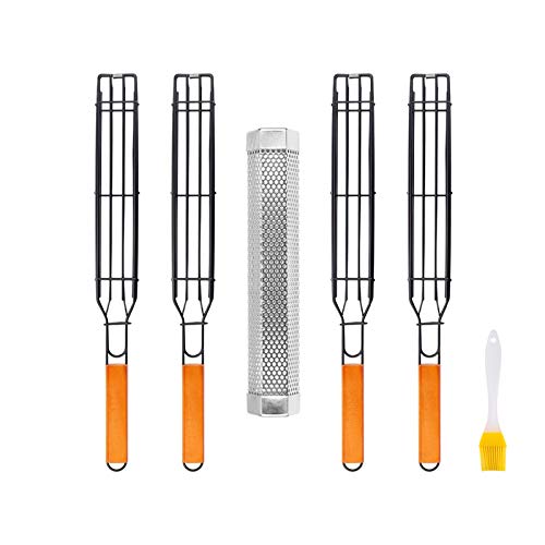 Kabob Grilling Baskets Grilling Basket and Pellet Smoker Tube, BBQ Grill Accessories set of 4 with 12” Stainless Steel Hot/Cold Smoker Tube Grills, BBQ Smoker Rotisserie Basket for Grilling Vegetables