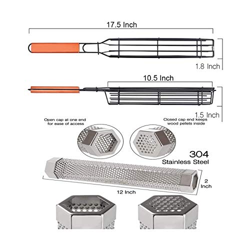 Kabob Grilling Baskets Grilling Basket and Pellet Smoker Tube, BBQ Grill Accessories set of 4 with 12” Stainless Steel Hot/Cold Smoker Tube Grills, BBQ Smoker Rotisserie Basket for Grilling Vegetables