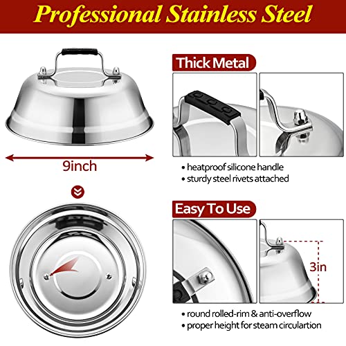 Cheese Melting Dome 12Inch & 9Inch, HaSteeL Stainless Steel Round Steaming Basting Cover Set, Heavy Duty Griddle Grill Accessories for Flat Top Griddle Teppanyaki BBQ Cooking Indoor & Outdoor - 3Packs