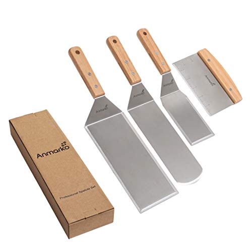 Anmarko Stainless Steel Metal Spatula Set-Teppaniyaki Spatulas-Griddle Scraper Flat Spatula Pancake Flipper Hamburger Turner-Metal Utensil great for BBQ Grill Flat Top Cast Iron Griddle Accessories