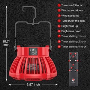 WaxPar Camping Fan For Milwaukee Fan Cordless Jobsite Fan, USB Tent Fan with LED Light Compatible with Milwaukee Battery Powered Fan 14.4-20V Li-Ion Battery, Remote,Timer, Foldable Hook