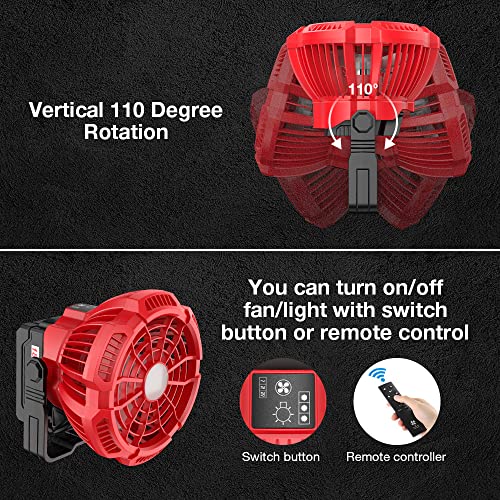 WaxPar Camping Fan For Milwaukee Fan Cordless Jobsite Fan, USB Tent Fan with LED Light Compatible with Milwaukee Battery Powered Fan 14.4-20V Li-Ion Battery, Remote,Timer, Foldable Hook