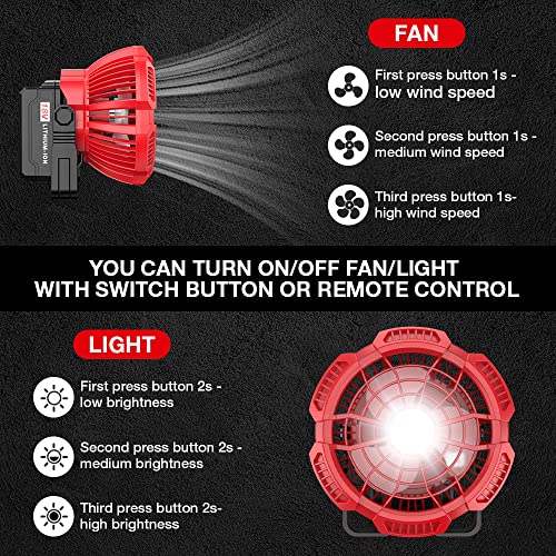 WaxPar Camping Fan For Milwaukee Fan Cordless Jobsite Fan, USB Tent Fan with LED Light Compatible with Milwaukee Battery Powered Fan 14.4-20V Li-Ion Battery, Remote,Timer, Foldable Hook