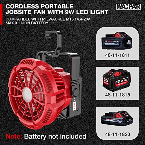 WaxPar Camping Fan For Milwaukee Fan Cordless Jobsite Fan, USB Tent Fan with LED Light Compatible with Milwaukee Battery Powered Fan 14.4-20V Li-Ion Battery, Remote,Timer, Foldable Hook