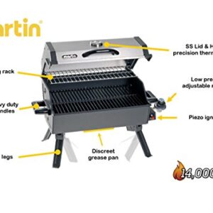 MARTIN Portable Propane Bbq Gas Grill 14,000 Btu Porcelain Grid with Support Legs and Grease Pan