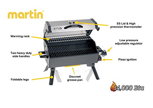 MARTIN Portable Propane Bbq Gas Grill 14,000 Btu Porcelain Grid with Support Legs and Grease Pan