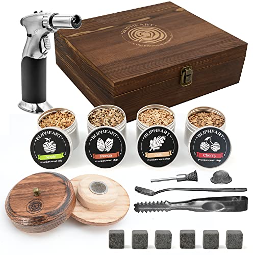 Cocktail Smoker Kit - Wooden Box Premium Drink Smoker whit 4 Flavours Wood Chips and Torch. Old Fashioned Smoker Kit. Whiskey - Bourbon Lover Best Gift (No Butane)